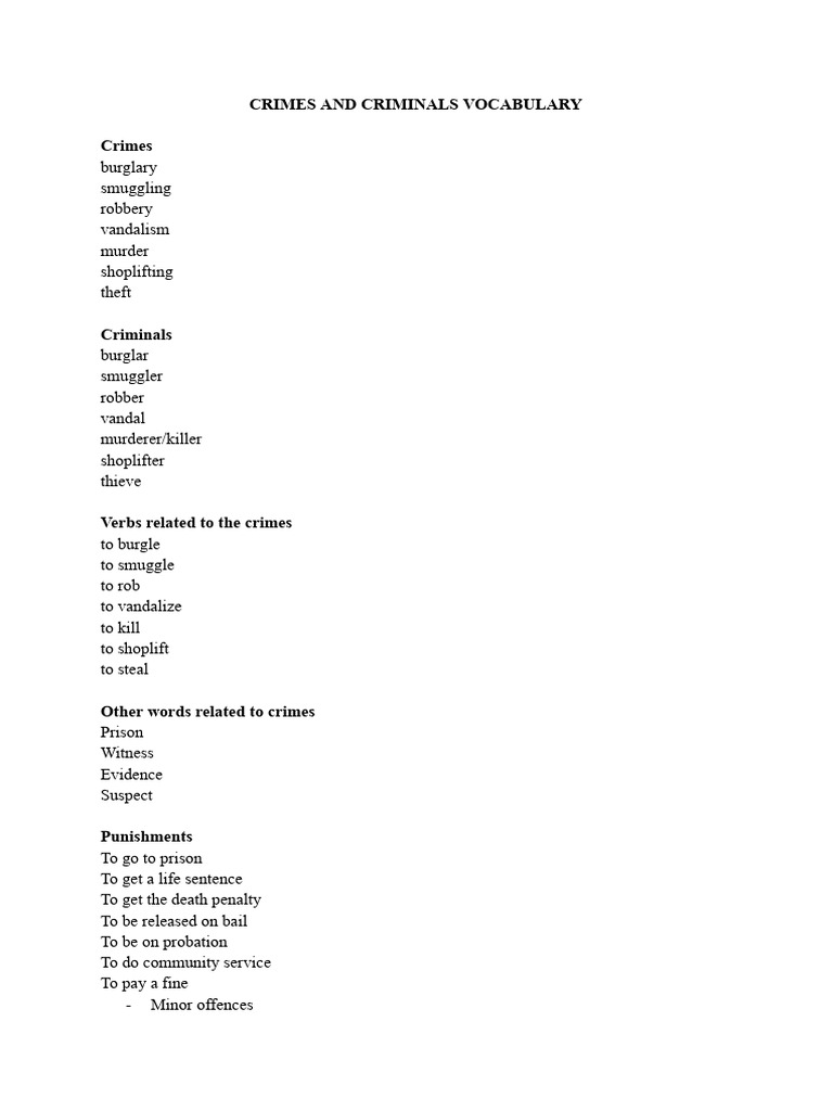 Crime and Criminal Vocabulary Guide | PDF