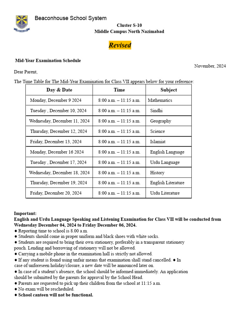 Revised Class VII MY Timetable 2024-2025 | PDF