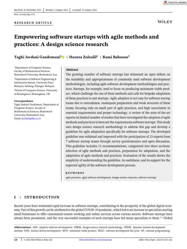 Softw Pract Exp - 2024 - Javdani Gandomani - Empowering software startups with agile methods and ...