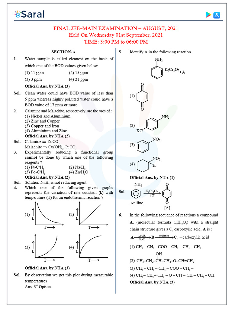 JEE Main Exam Solutions August 2021 | PDF | Amine | Mole (Unit)