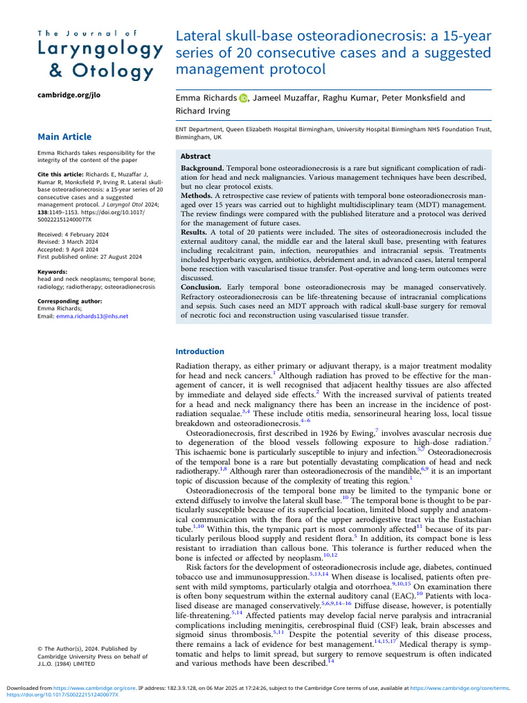 Lateral Skull Base Osteoradionecrosis A 15 Year Series of 20 ...