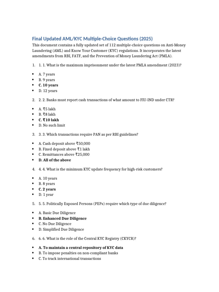 Final Updated AML KYC 112 MCQs 2025 | PDF