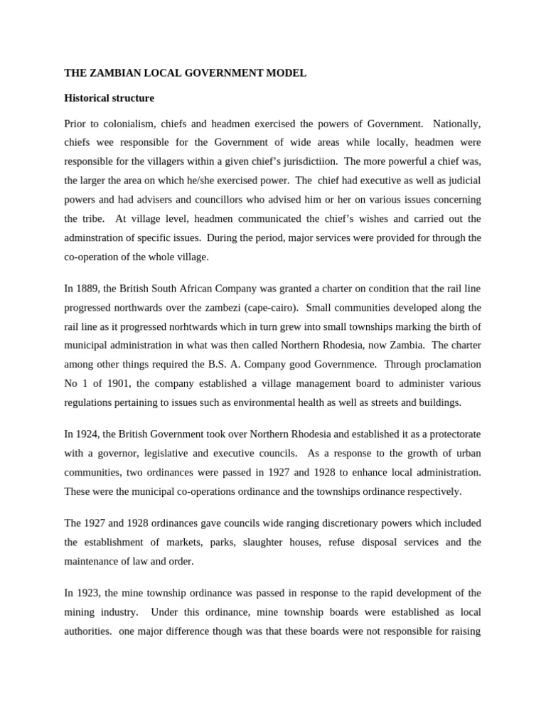 THE ZAMBIAN LOCAL GOVERNMENT MODEL Online | PDF | Zambia | Government