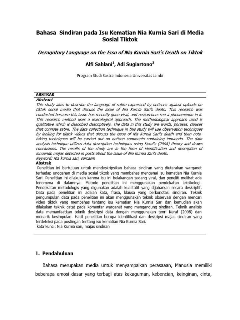 Bahasa Sindiran Pada Isu Kematian Nia Kurnia Sari Di Media Sosial Tiktok | PDF