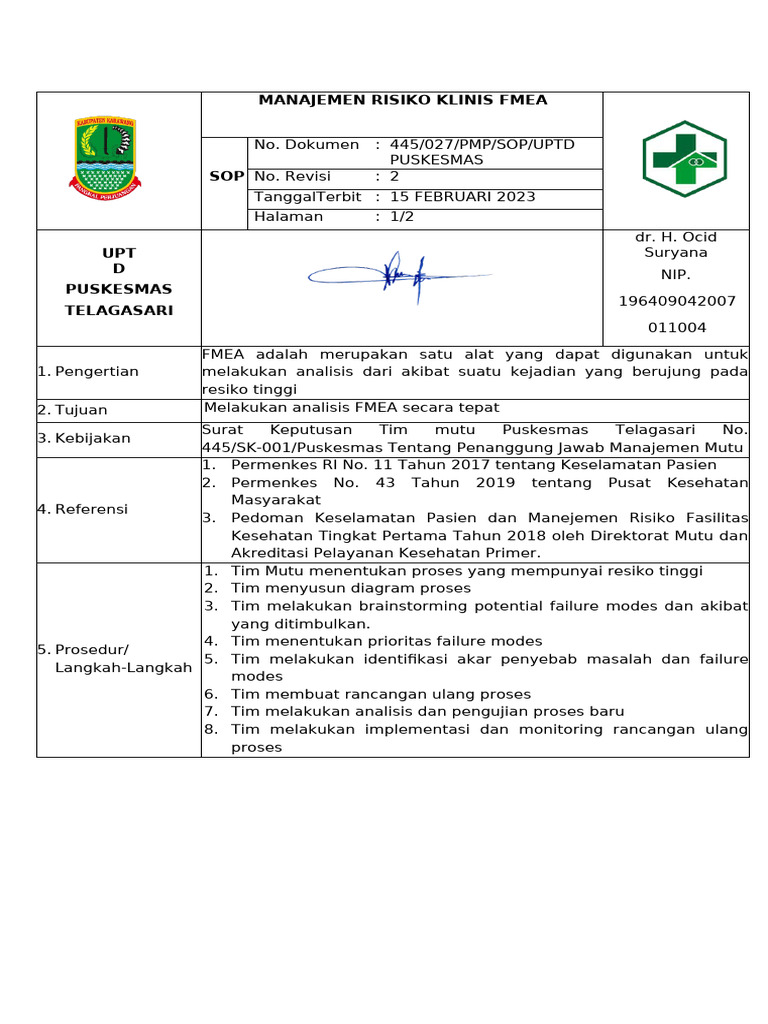 Sop 27. Manajemen Risiko Klinis Fmea | PDF