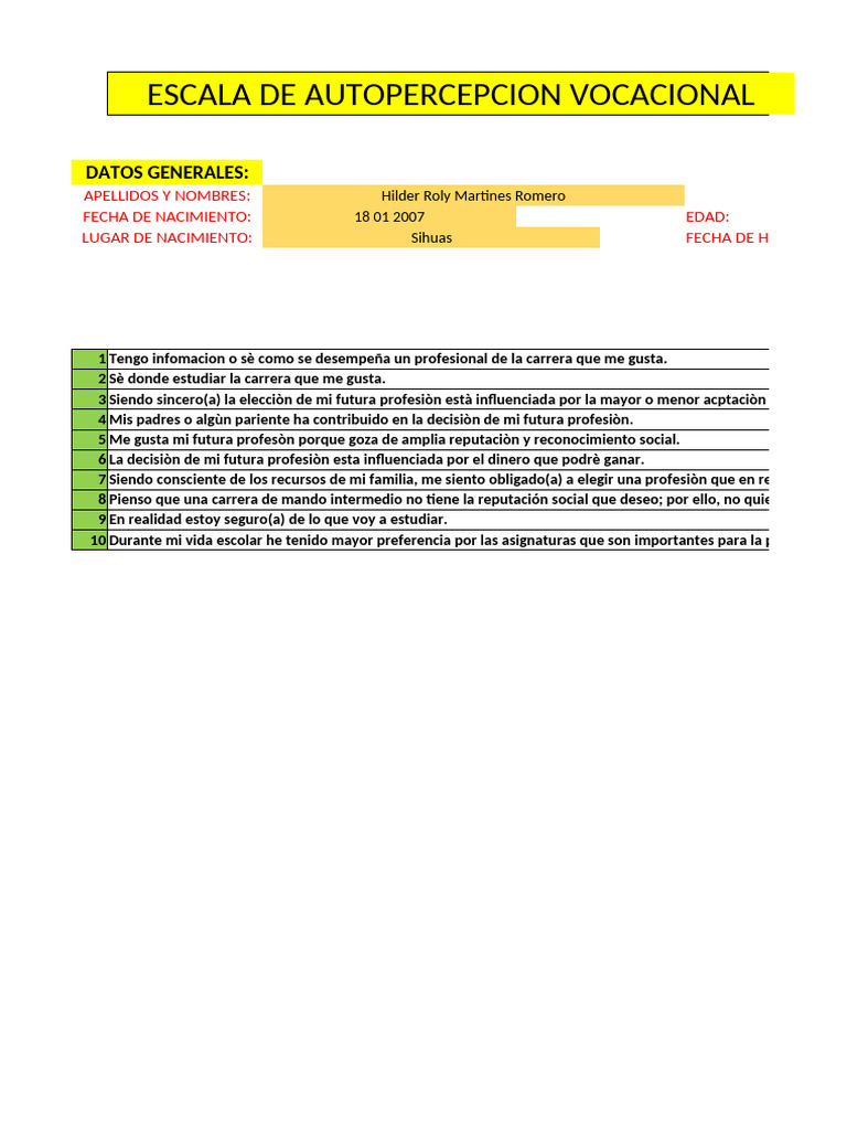 Escala de Autopercepcion Vocacional | PDF