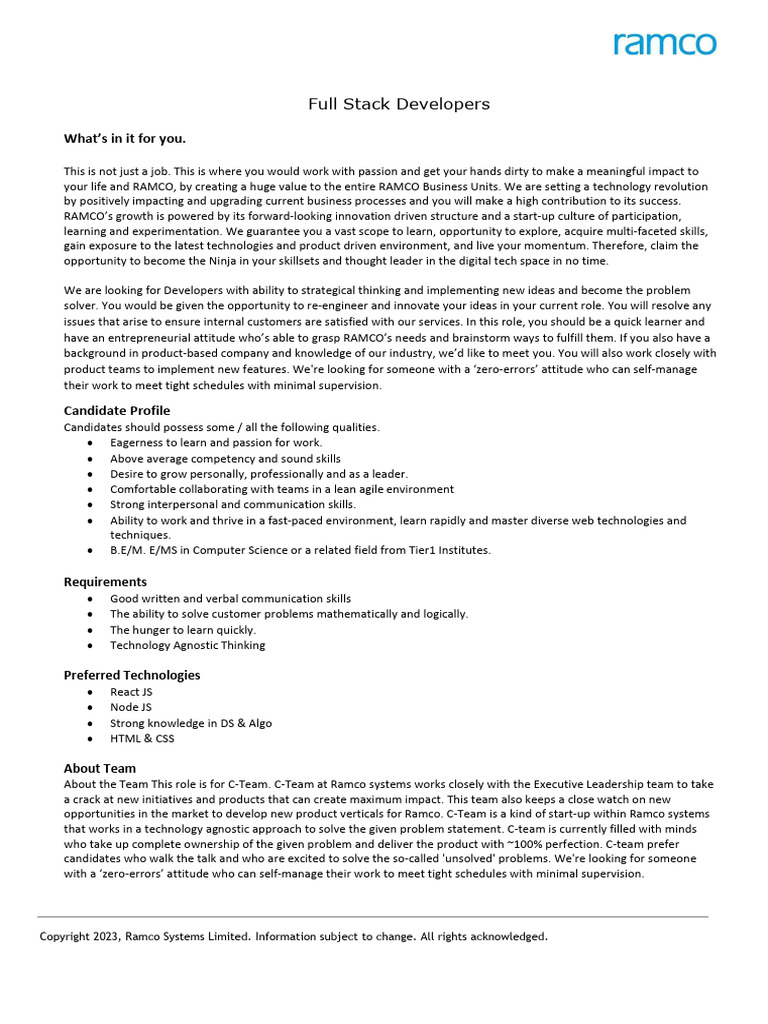 Full Stack Developer - JD | PDF | Learning | Cognition