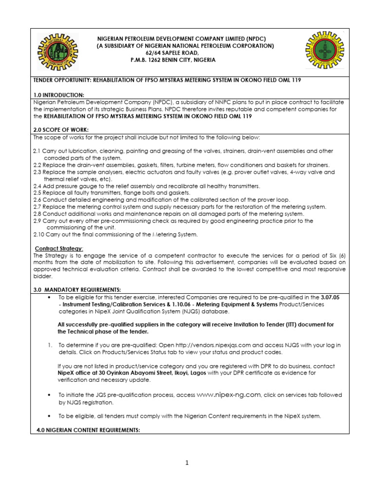 NPDC Rehabilitation of Fpso Mystras Metering System in Okono Field Oml ...