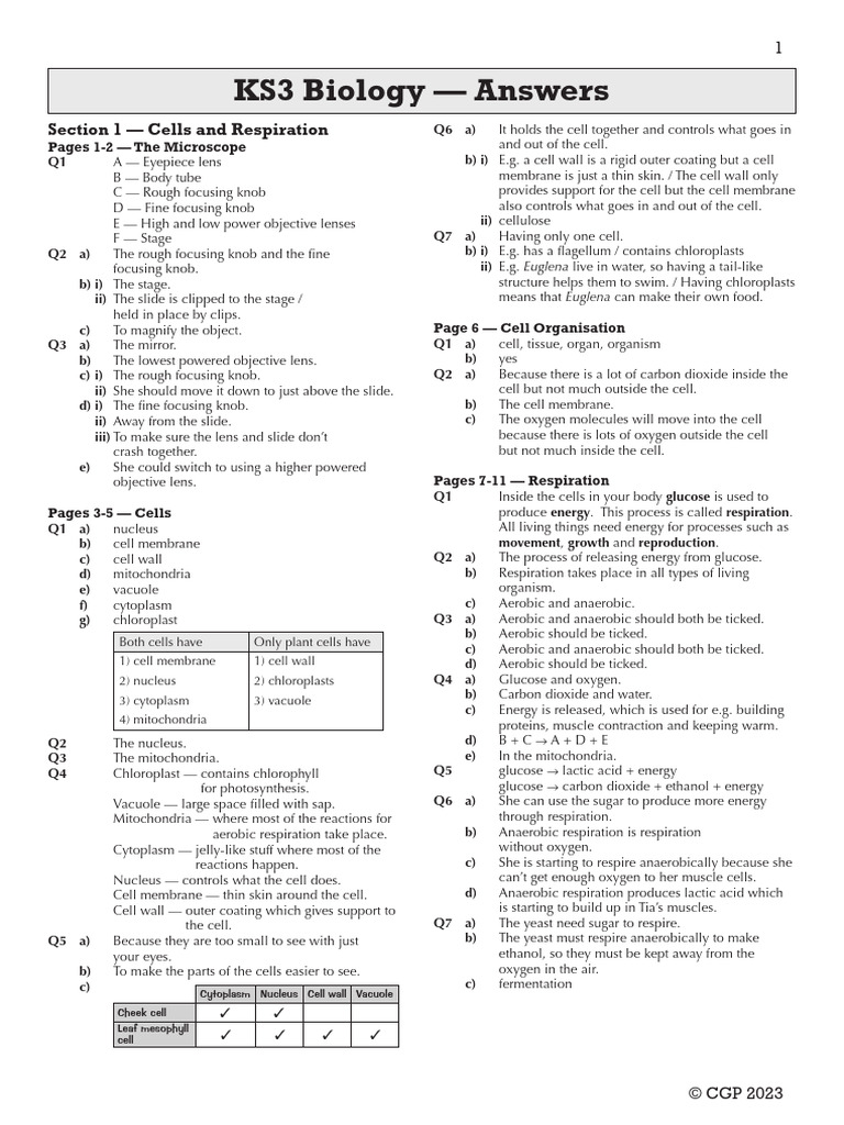 CGP KS3 Biology Workbook Answers | PDF | Flowers | Cellular Respiration