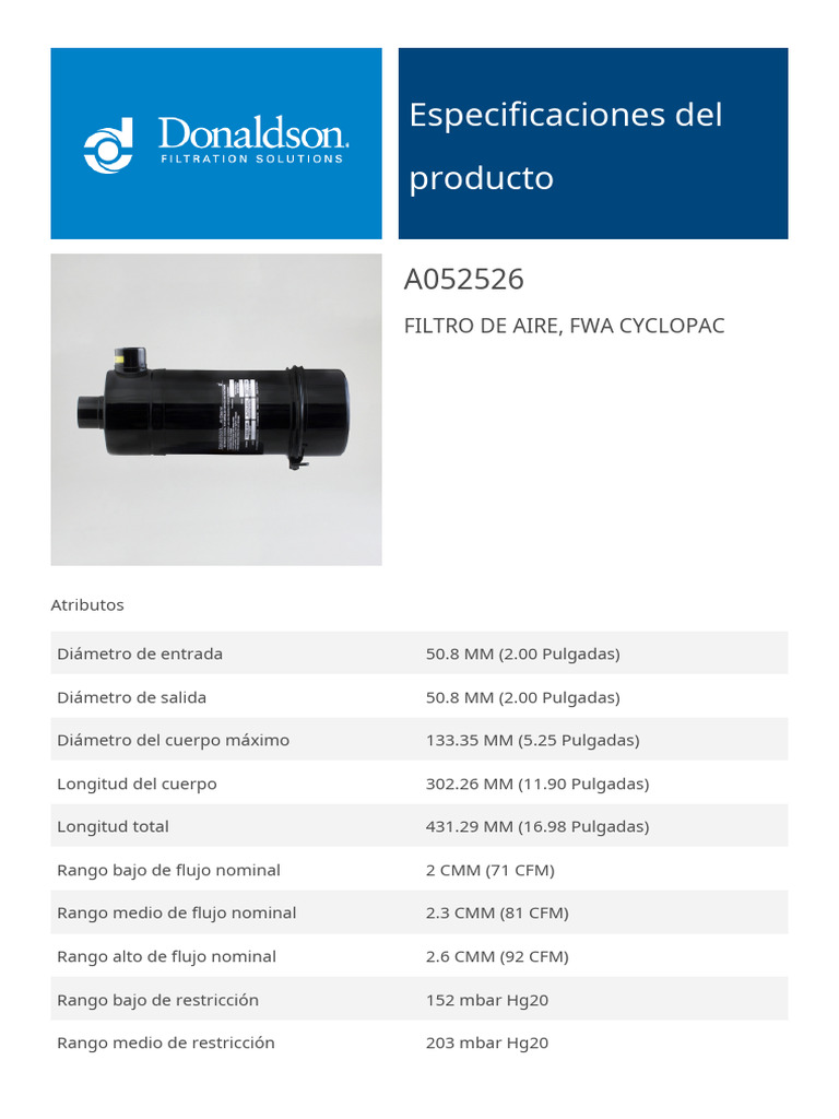 Especificaciones Del Producto: Filtro de Aire, Fwa Cyclopac | PDF