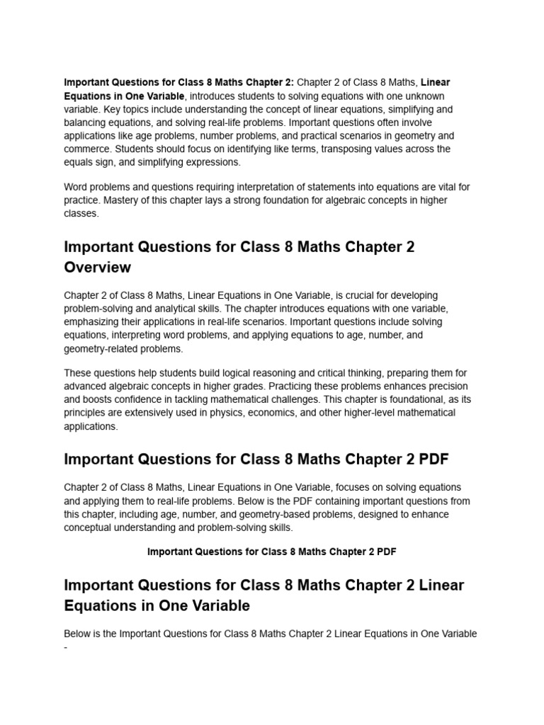 Important Questions For Class 8 Maths Chapter 2 | PDF | Mathematics ...