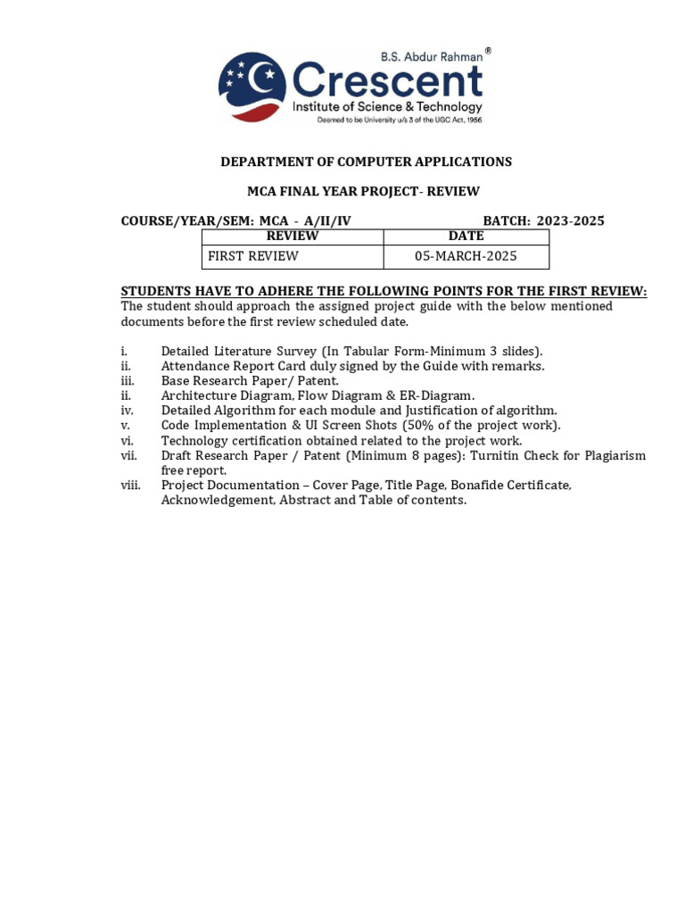 MCA Final Year Project Review Guidelines | PDF