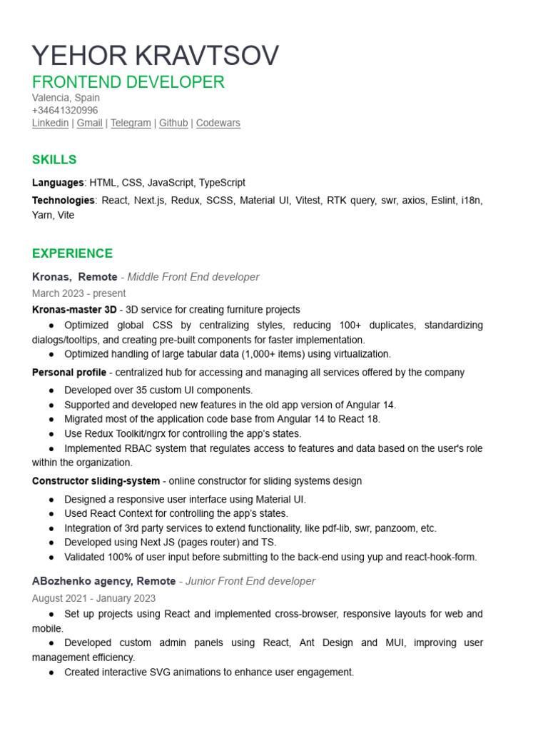 Yehor Kravtsov CV Software-Engineer | PDF | Mobile App | User Interface Yehor Kravtsov CV Software-Engineer | PDF | Mobile App | User Interface