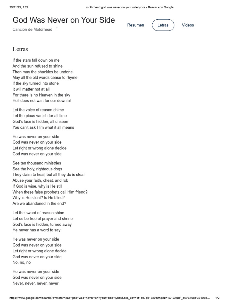 Motörhead God Was Never On Your Side Lyrics - Buscar Con Google | PDF