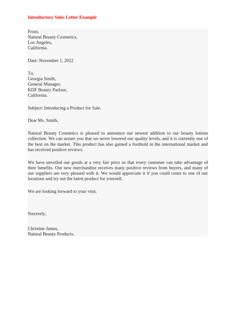 Introductory Sales Letter for Cosmetics | PDF
