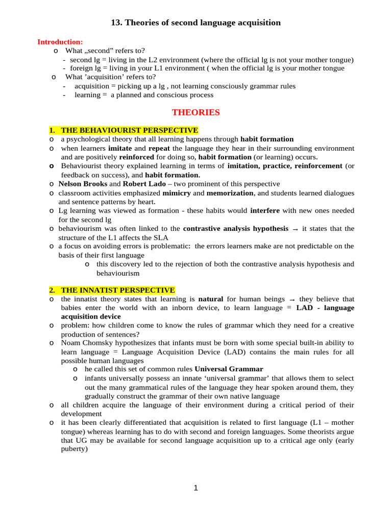 Second Language Acquisition Theories Explained | PDF | Language ...