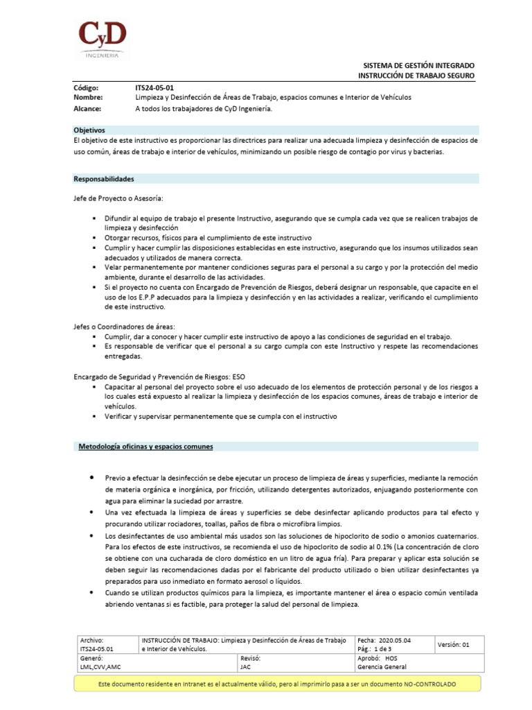 ITS24-05.01 Limpieza y desinfección de áreas de trabajo, espacios comunes e interior de ...
