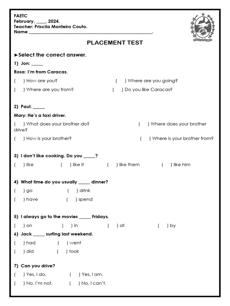 PLACEMENT TEST - Elementary - Basic II | PDF