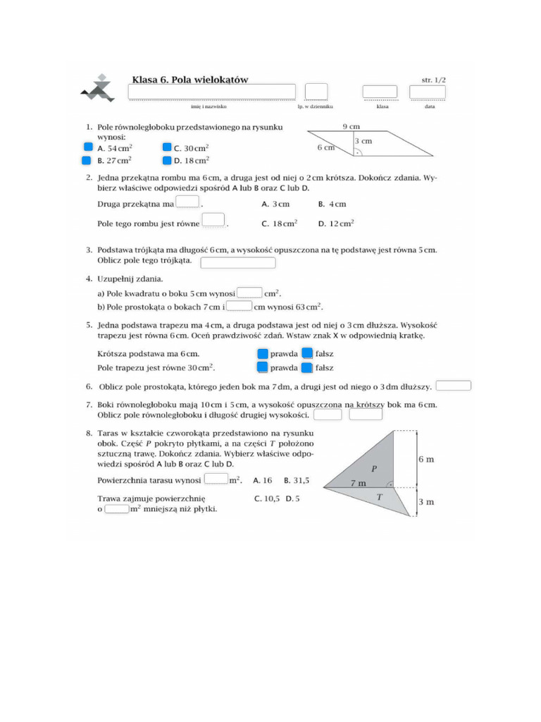 sprawdzian matematyka pola wielokatow | PDF