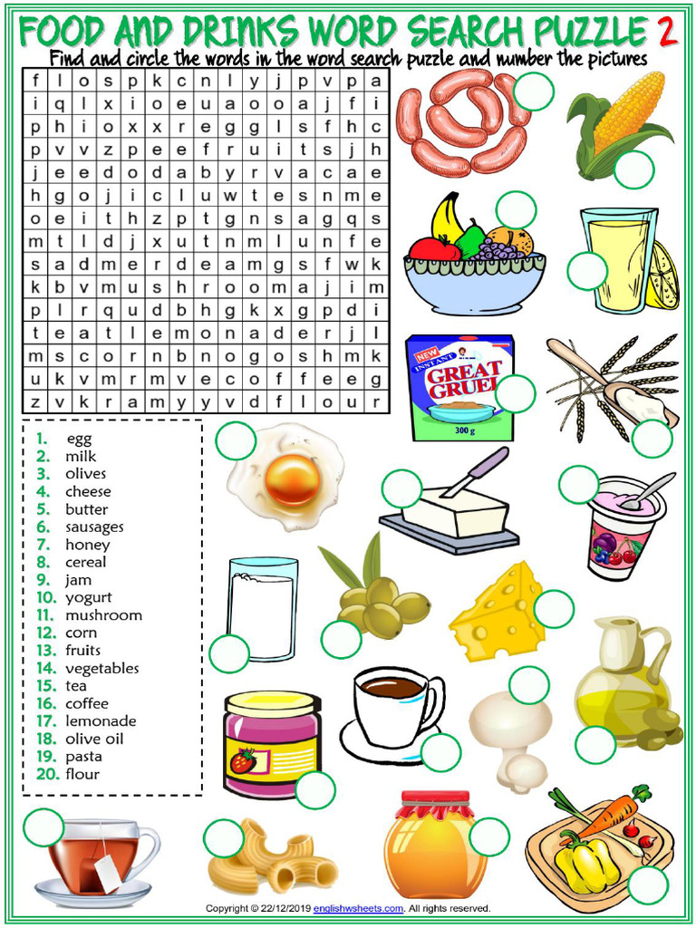 food and drinks vocabulary esl word search puzzle worksheets for kids ...