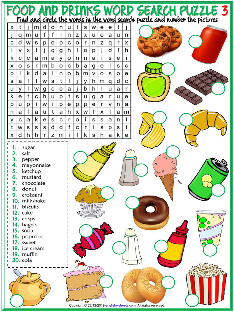 food and drinks vocabulary esl word search puzzle worksheets for kids ...