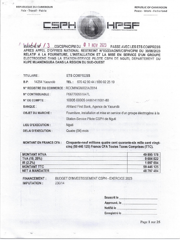 Marché CSPH Nguti Groupe Électrogène | PDF