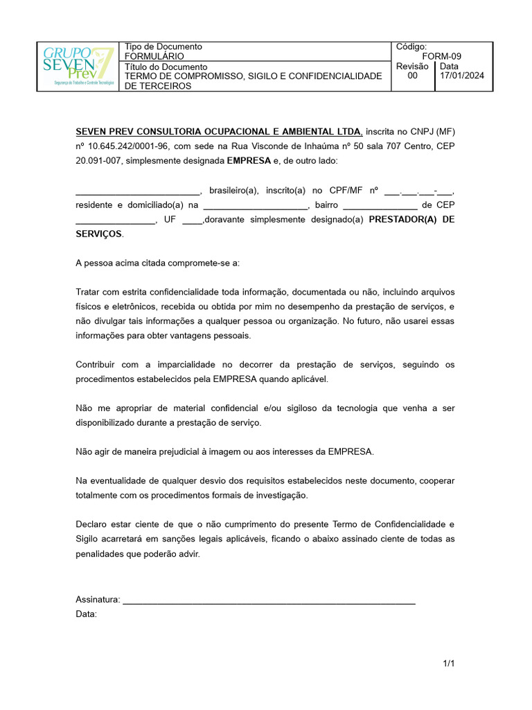 FORM - 09 - TERMO DE COMPROMISSO SIGILO E CONFIDENCIALIDADE ...
