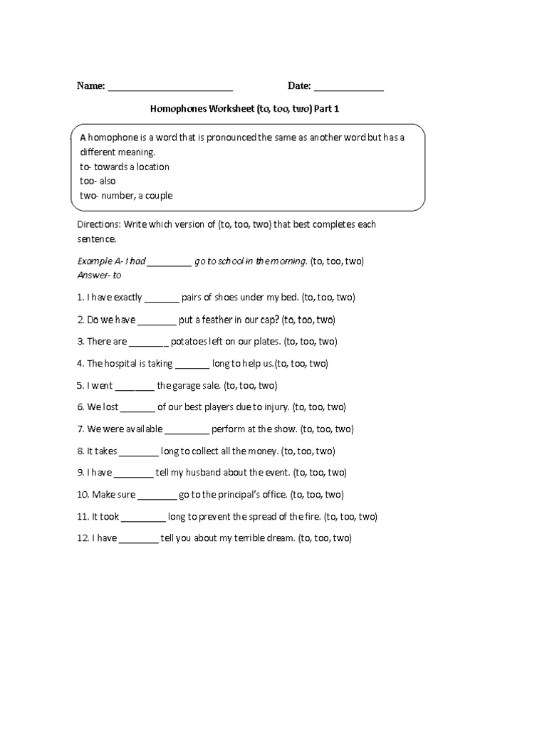 Homonyms (Two To Too) | PDF