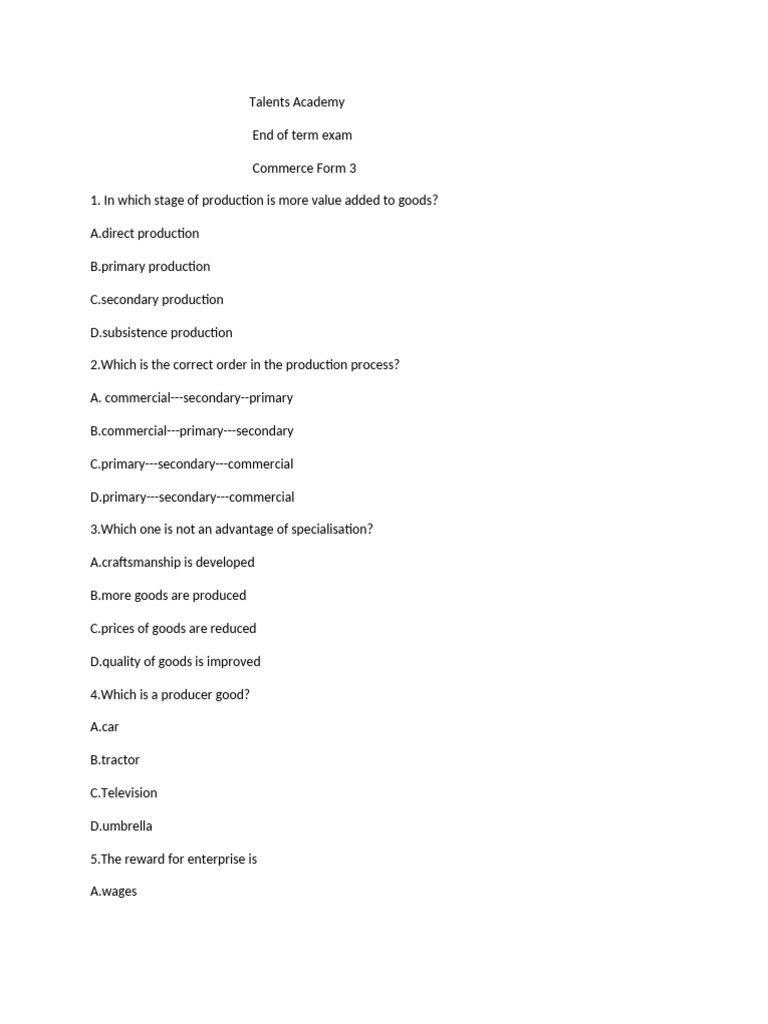Commerce Form 3 Exam Questions | PDF