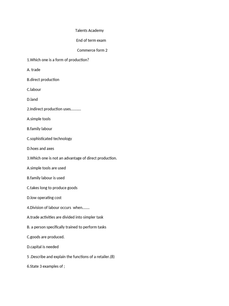 Commerce Form 2 Exam Questions | PDF