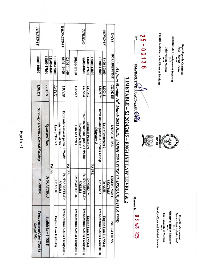 Timetable English Law Level 1&2 SEM 2 2025 | PDF