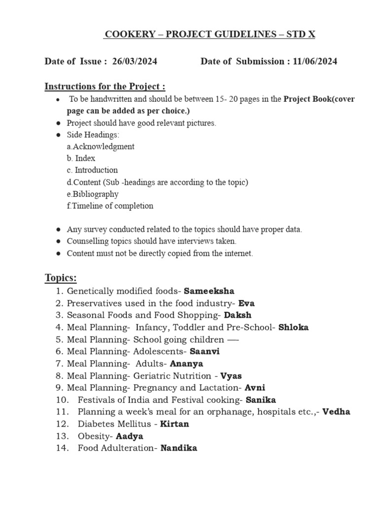 Cookery - Project Guidelines - STD X | PDF