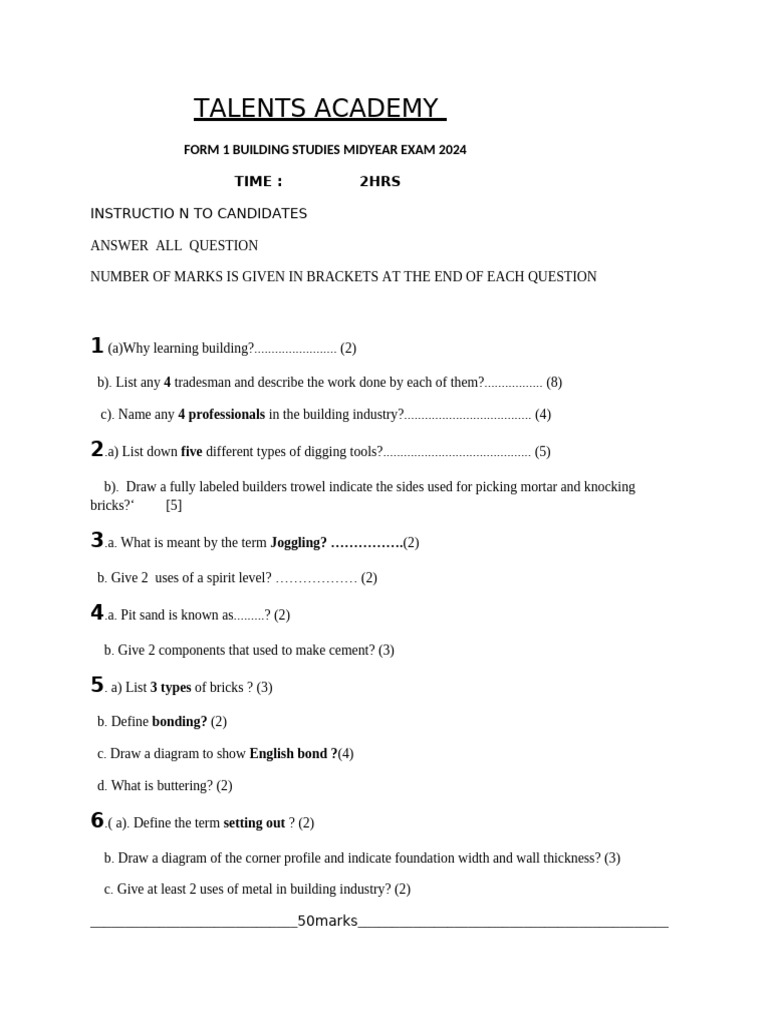 Form 1 Building Studies Exam | PDF