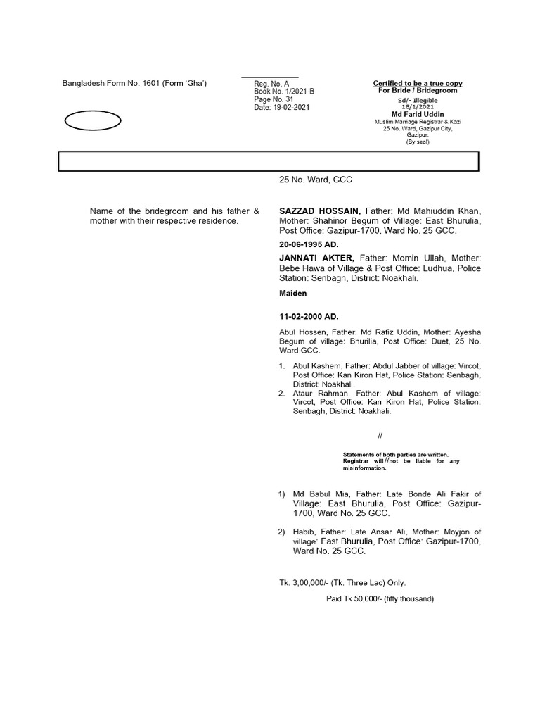Bangladesh Nikah Nama Form Sample | PDF | Marriage | Wife