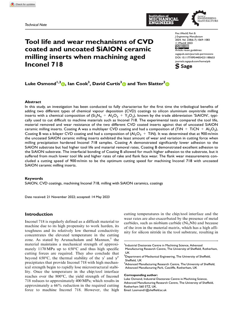 Tool Life and Wear Mechanisms of CVD Coated and Uncoated SiAlON Ceramic ...