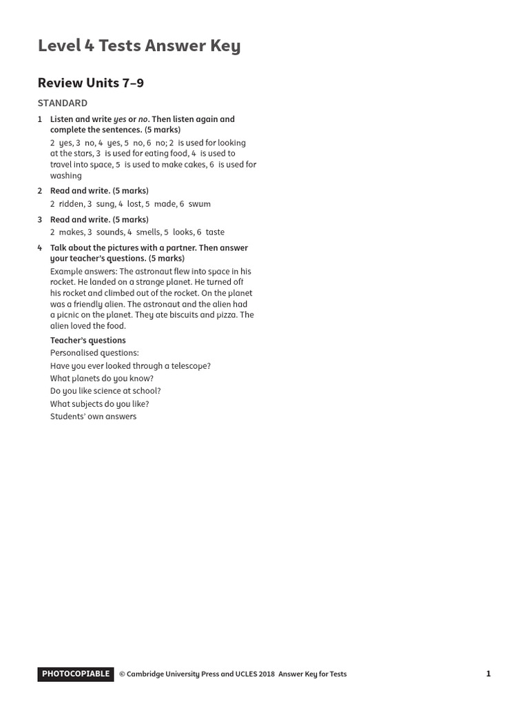 Level 4 Tests Answer Key: Units 7-9 | PDF
