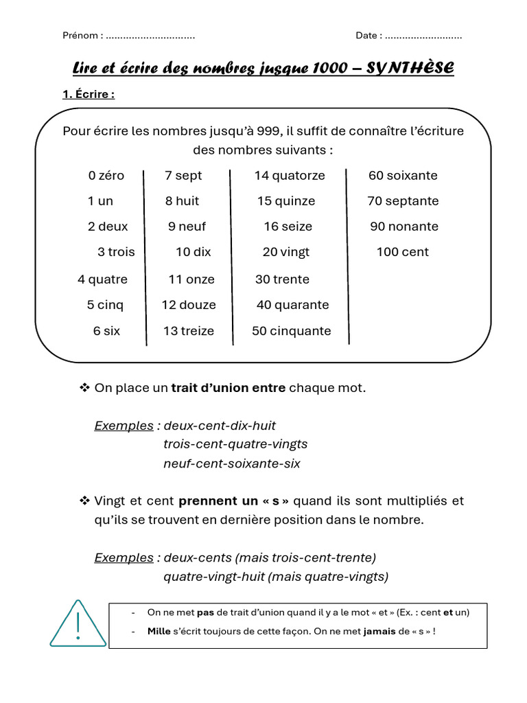 Écrire et lire les nombres jusqu'à 1000 | PDF