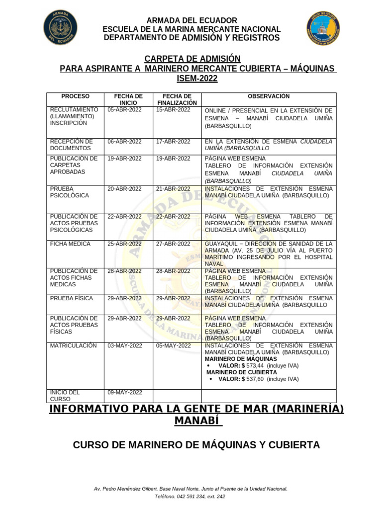 Prospecto Esmena Manta Marinero de Maquinas y Cubiertas | PDF | Reclutamiento | Ecuador