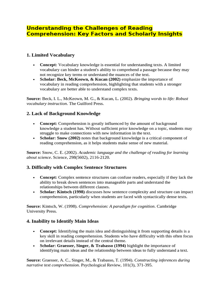 Understanding The Challenges of Reading Comprehension | PDF | Reading ...