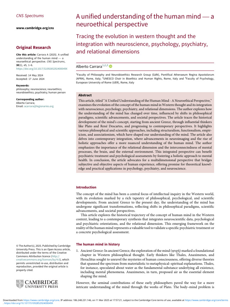 A Unified Understanding of The Human Mind A Neuroethical Perspective ...