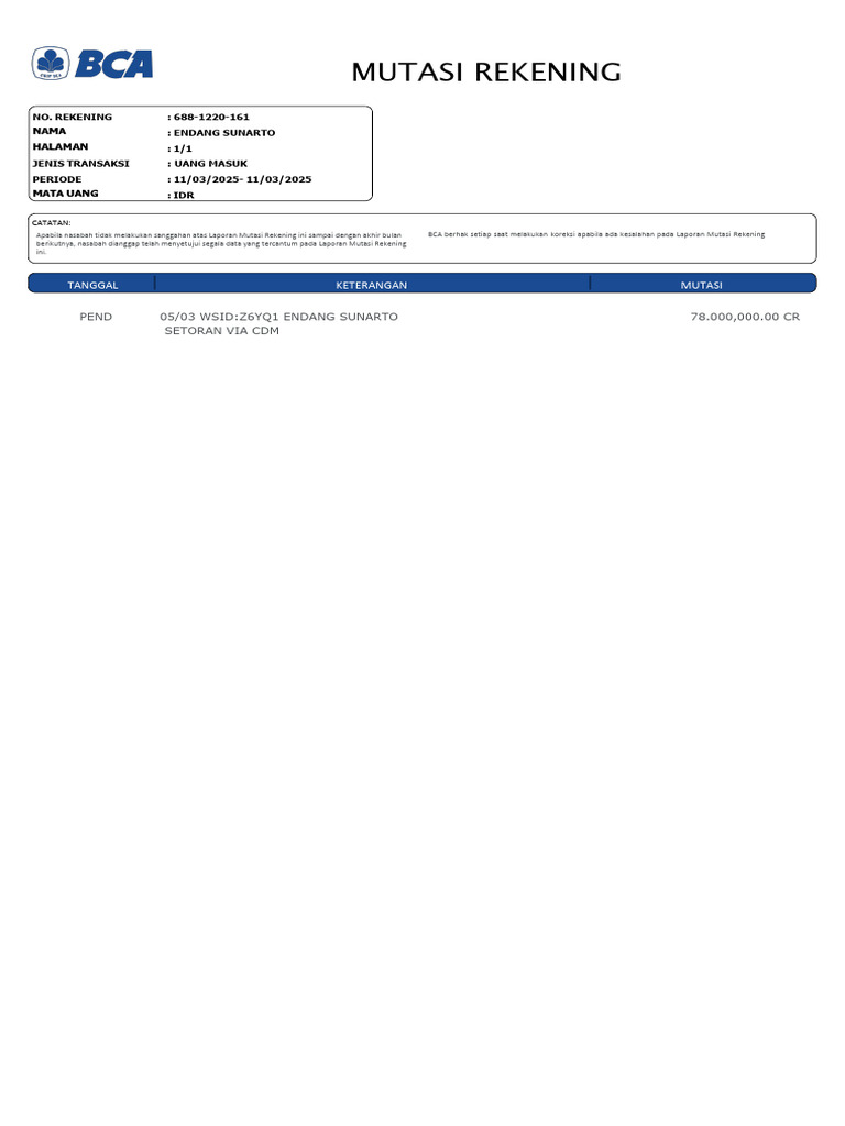 Mutasi Rekening Endang Sunarto 2025 | PDF