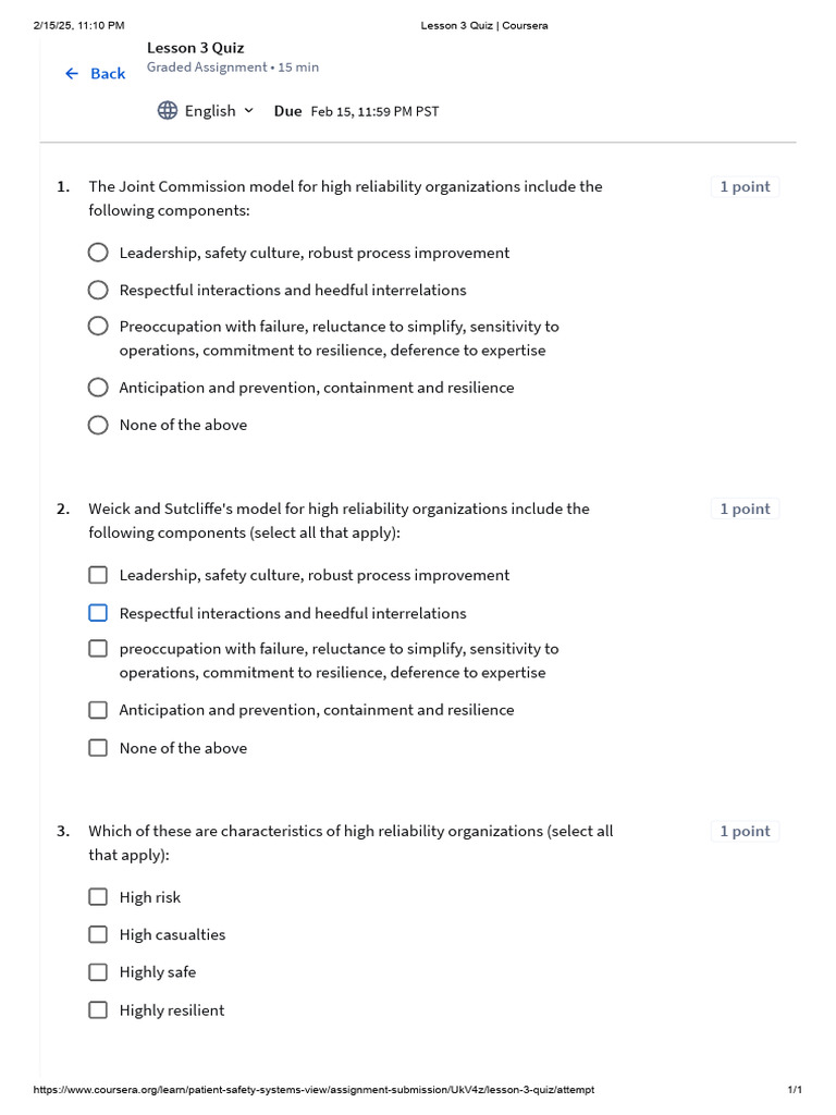 Lesson 3 Quiz - Coursera | PDF | Safety | Risk