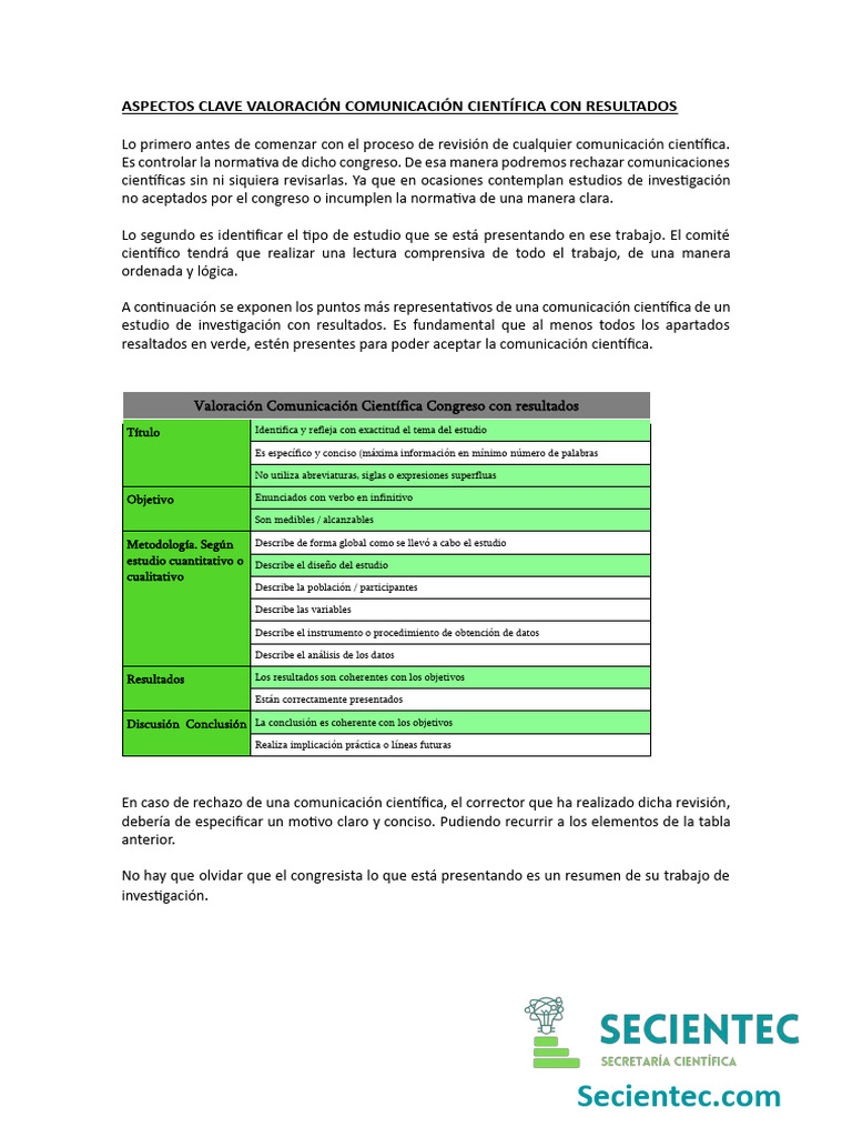 ASPECTOS CLAVE VALORACION COMUNICACION CIENTIFICA CON RESULTADOS Secientec FC1 - Compressed | PDF