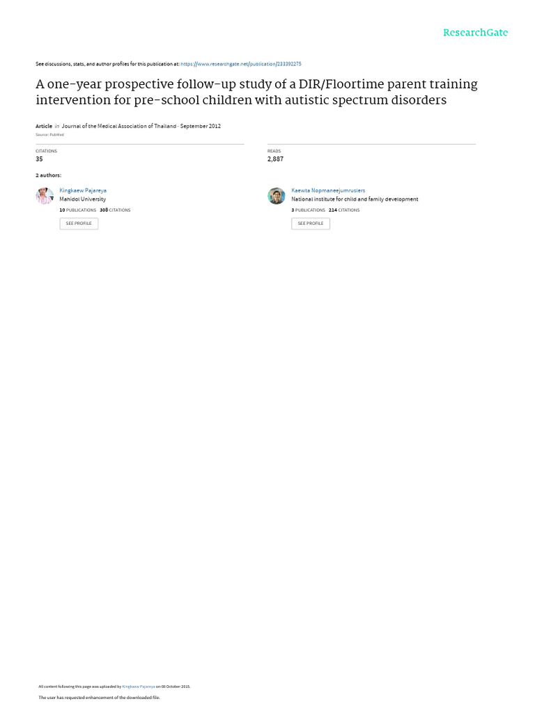 A One-Year Prospective Follow-Up Study of A DIR/Floortime Parent Training Intervention For Pre ...
