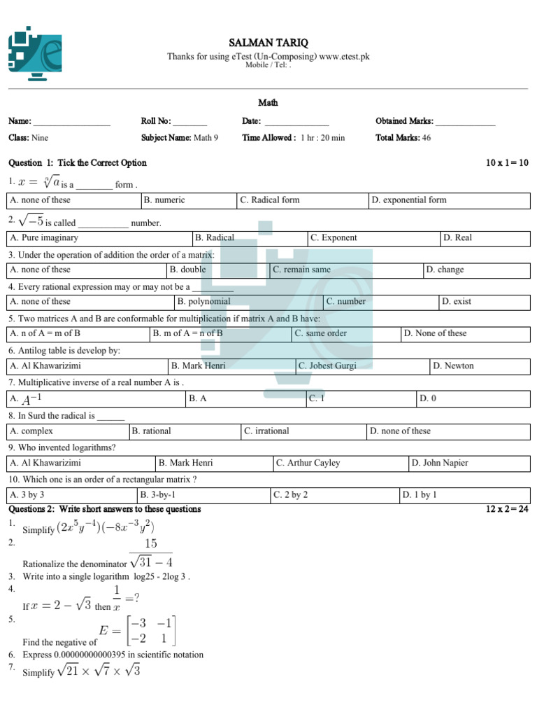 Math 9 Exam Paper with Solutions | PDF | Matrix (Mathematics) | Logarithm