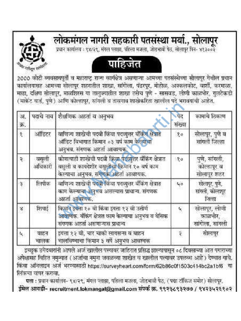 Lokmangal Nagari Sahakari Pat Sanstha Solapur Bharti 2022_@Mahabahrti.in | PDF