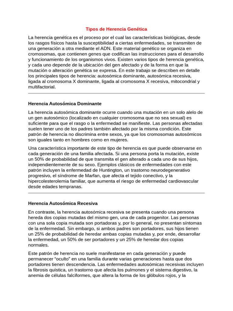 Tipos de Herencia Genética | PDF | Trastorno genético | Mutación