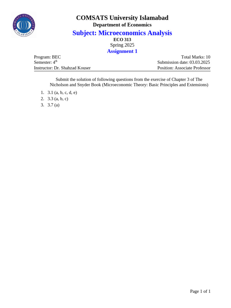Microeconomics Assignment ECO 313 | PDF