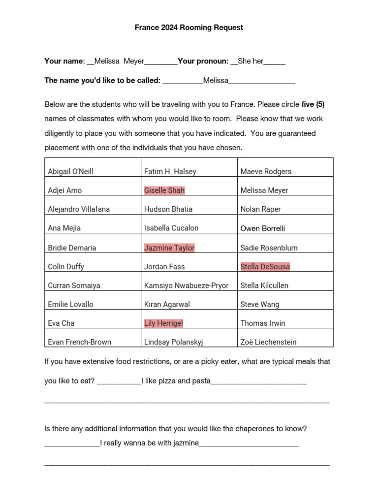 France 2024 Roommate Selection Form | PDF