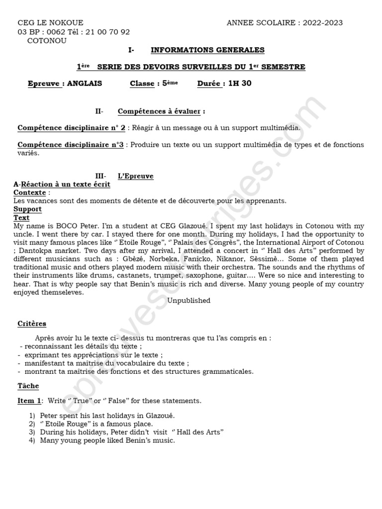 1er Devoir Du 1er Semestre Anglais 5ème 2022-2023 Ceg Le Nokoue | PDF | The Arts | Entertainment